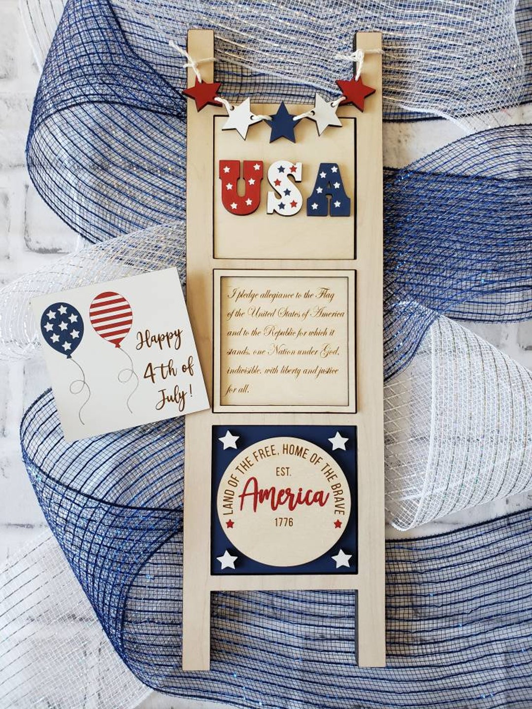 4th of July Decor, Wood Frame, Wood Tiles, Leaning Ladder ...