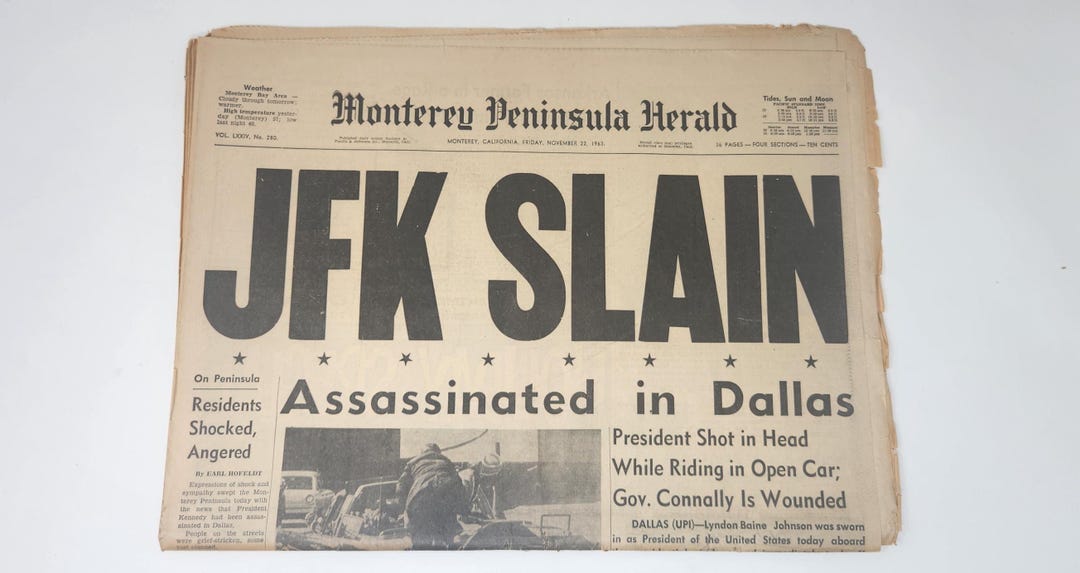 JFK SLAIN- Monterey Peninsula Herald, Friday, November 22, 1963 - Etsy