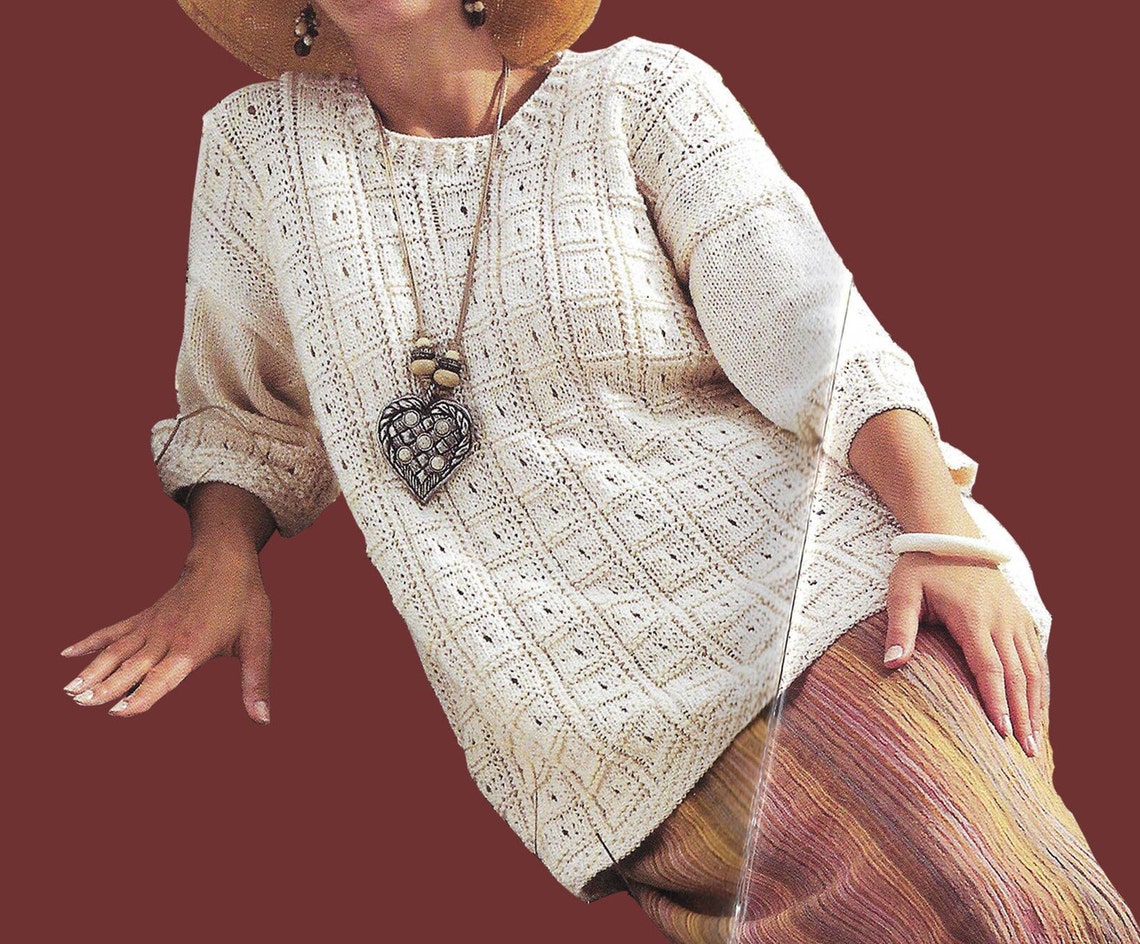 Womens Vintage Knitting Pattern Checkered Stitch Crew Neck Pullover ...