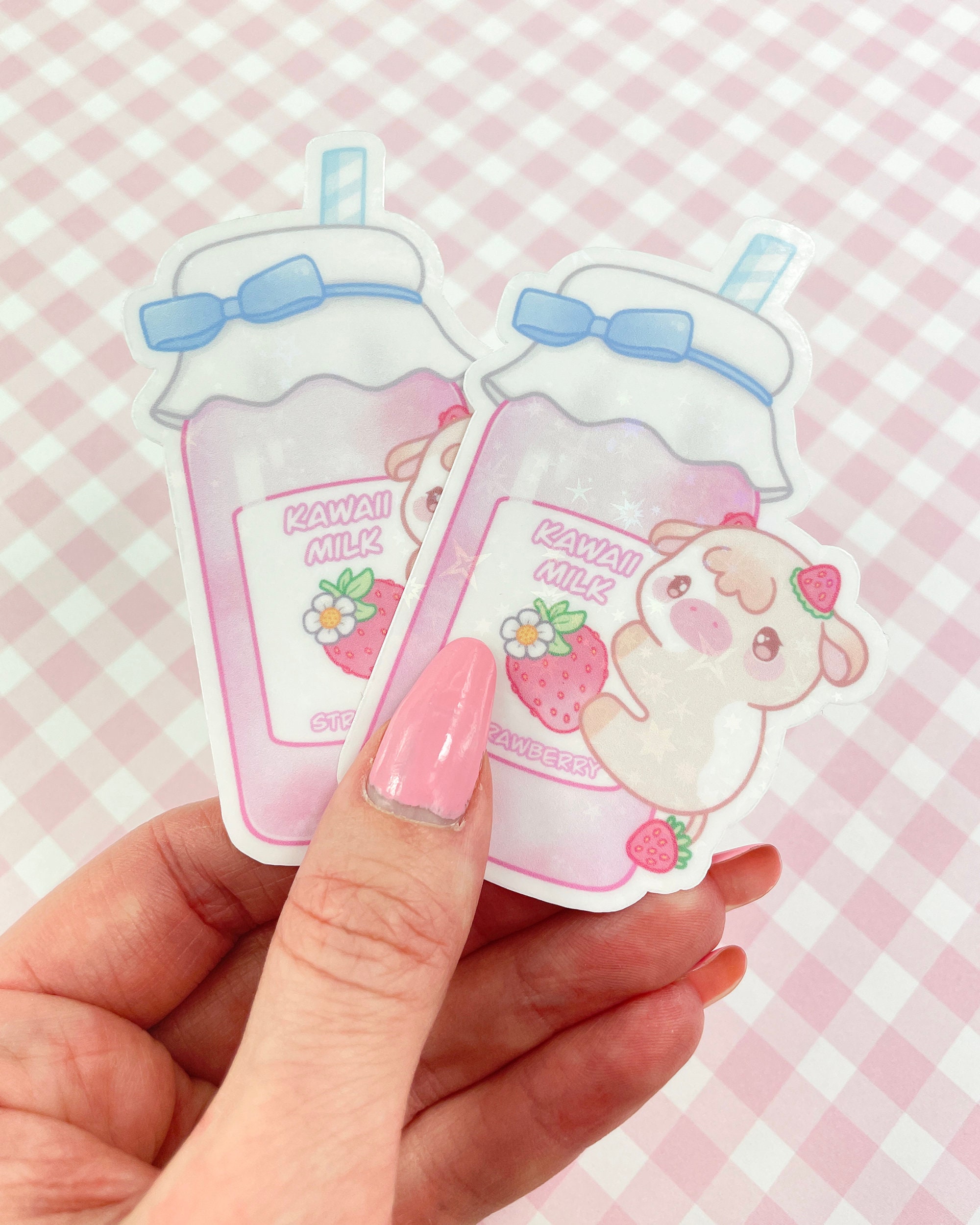 Cow Milk Holographic Vinyl Sticker - Kawaii Cow Sticker - Strawberry ...