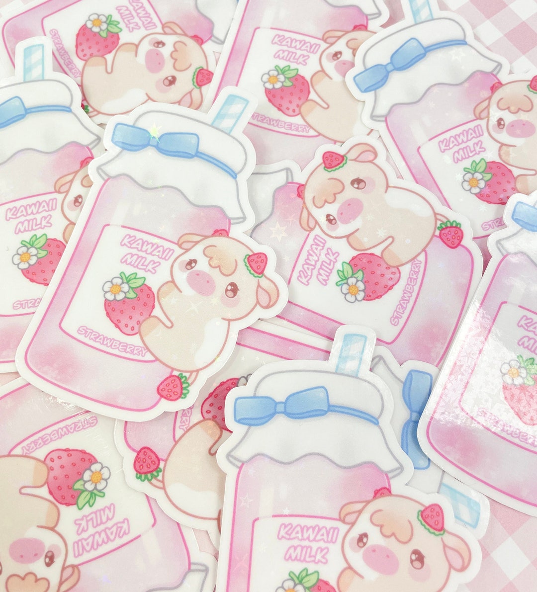 Cow Milk Holographic Vinyl Sticker Kawaii Cow Sticker Strawberry Milk ...