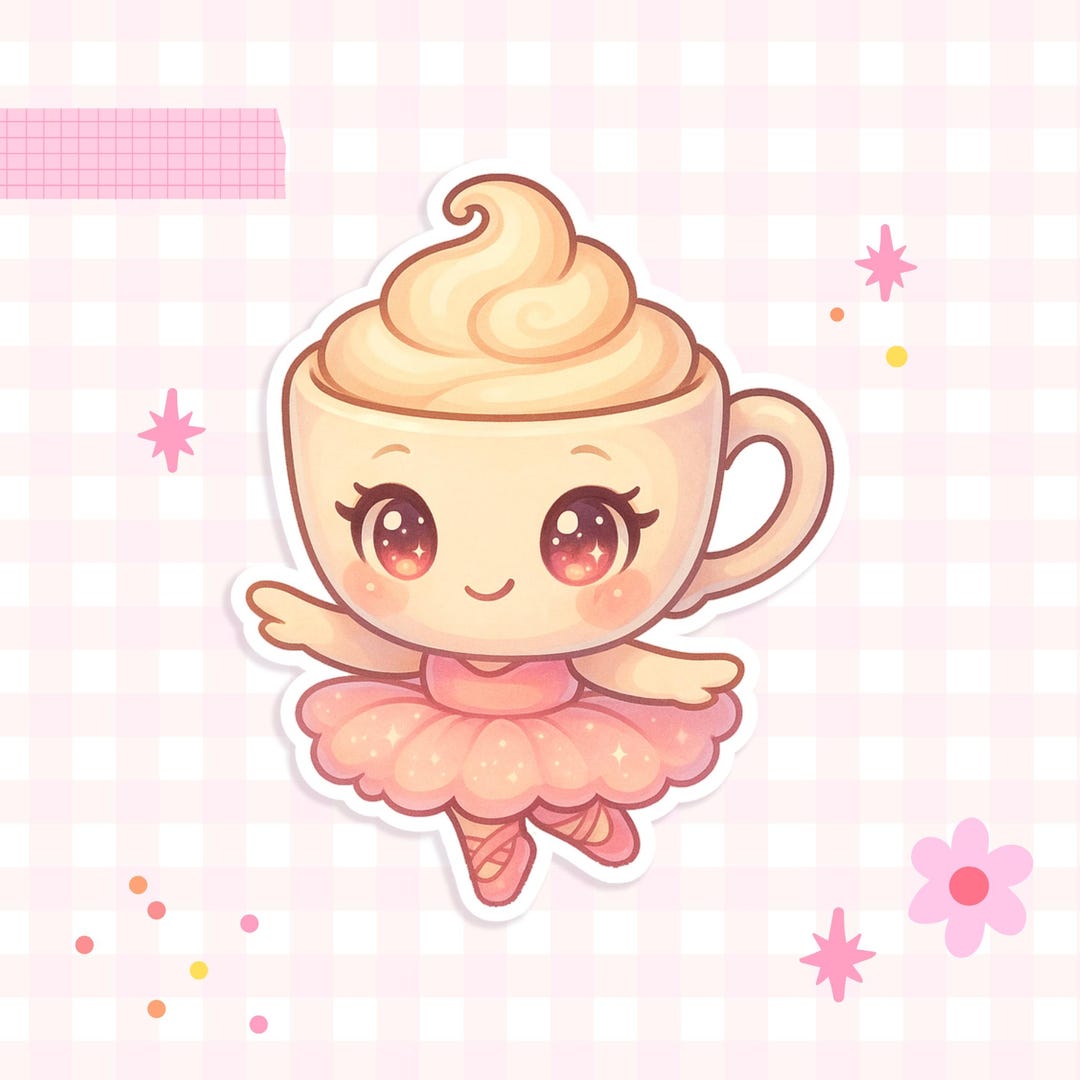 Pastel Pink Chibi Cappuccino Ballerina Sticker ~ Sparkly Coffee Lover ...
