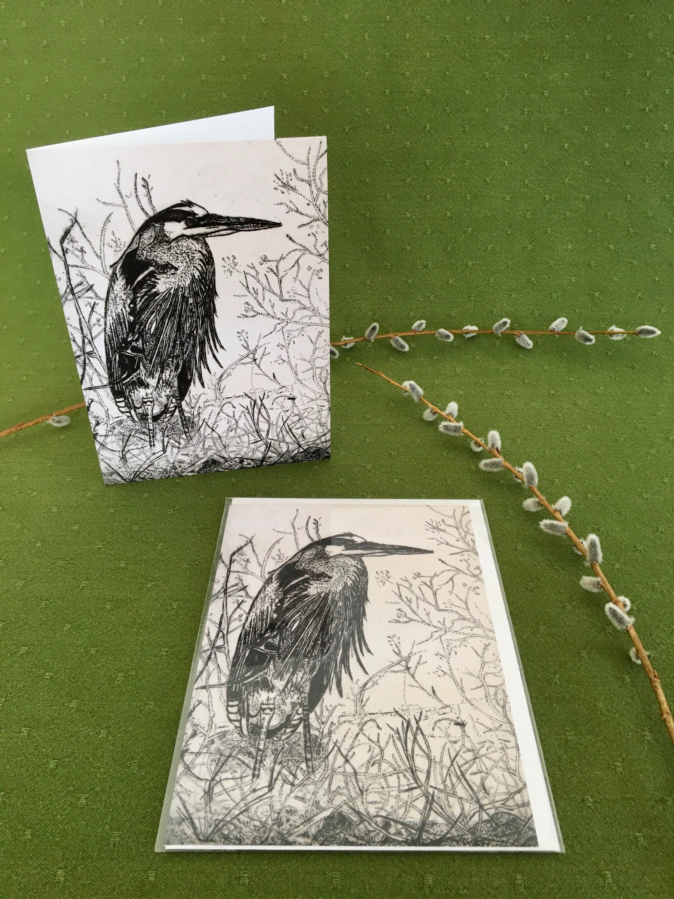 Set of 4 HERON Notecards, "great Blue Heron" 5x7 Notecards, ETCHING Art ...