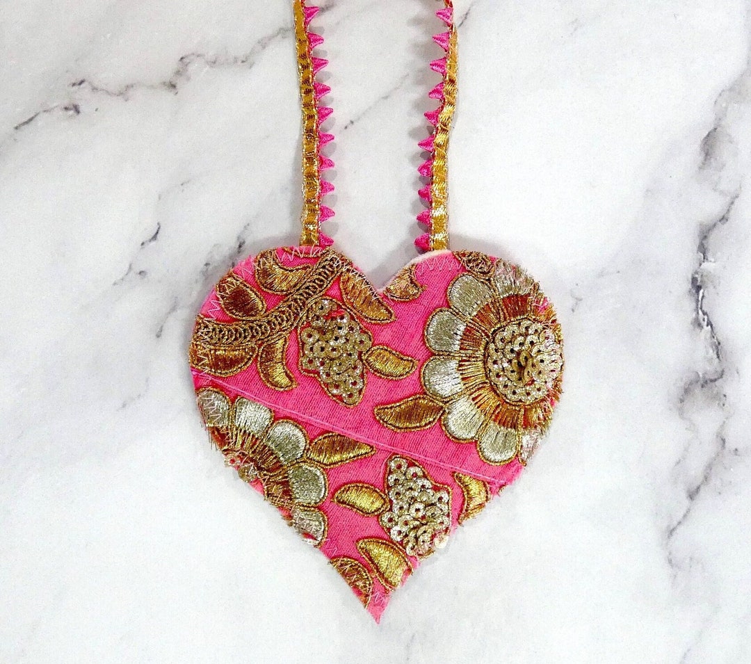 One of a Kind Heart Shaped Ornament Made From Pieced Indian Saree ...