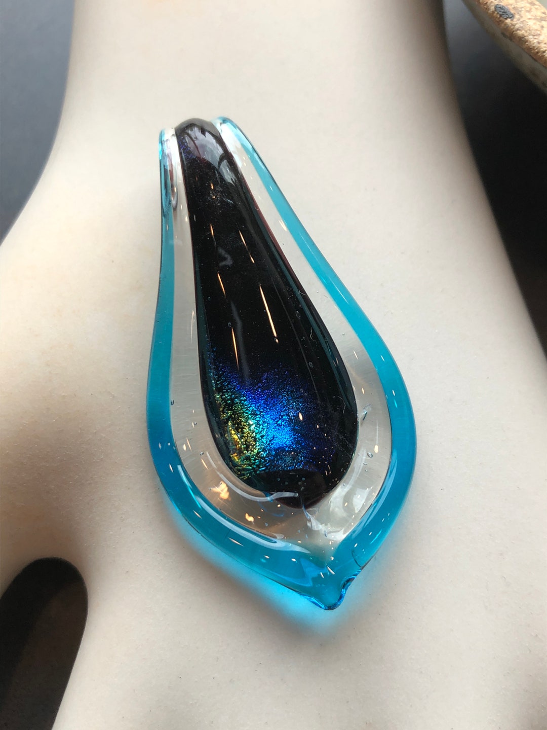 Pendant Artisan Hand Made Glass Spoon Style Clear W Blue Edge Interior ...