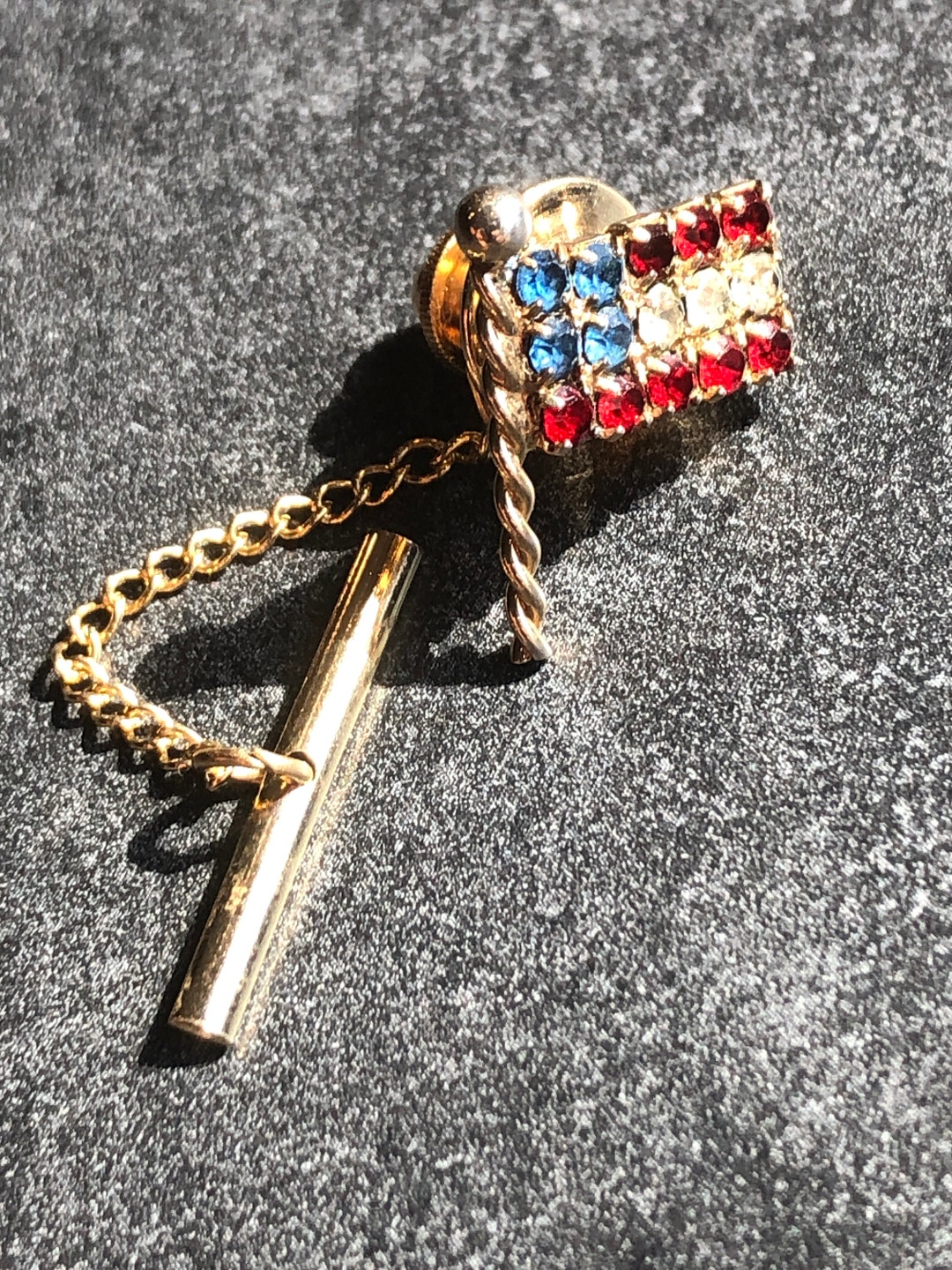 Tie Tack Gold Tone Tiny American Flag in Rhinestones MCM Vintage Men's ...