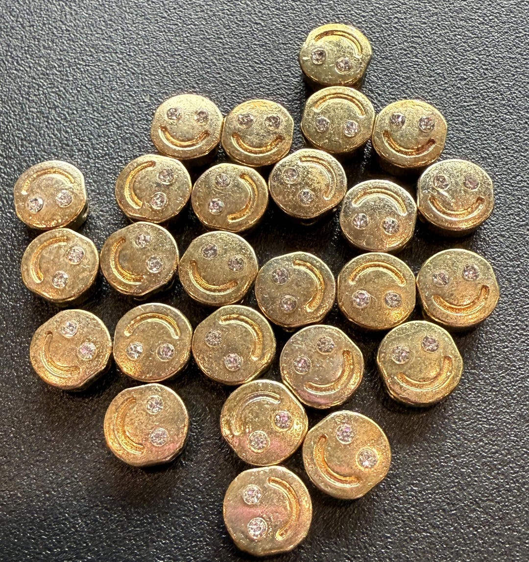 Beads 26 Metal Smiley Face Gold Tone W/rhinestone Eyes Crafting Jewelry ...