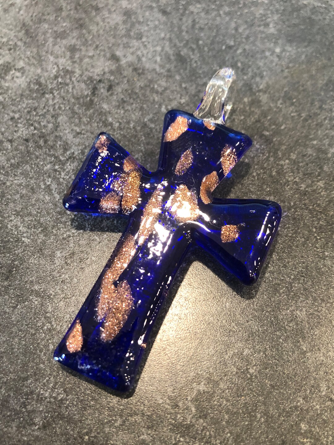 Pendant Artisan Hand Made Glass Cross in Cobalt Blue and Coppery Colors ...