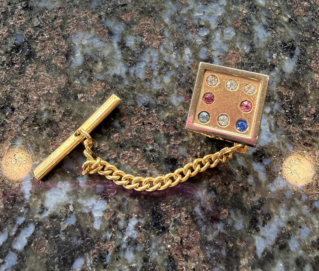 Tie Tack Pin W/chain Gold Tone With Multicolor Faux Gemstones Resembles ...