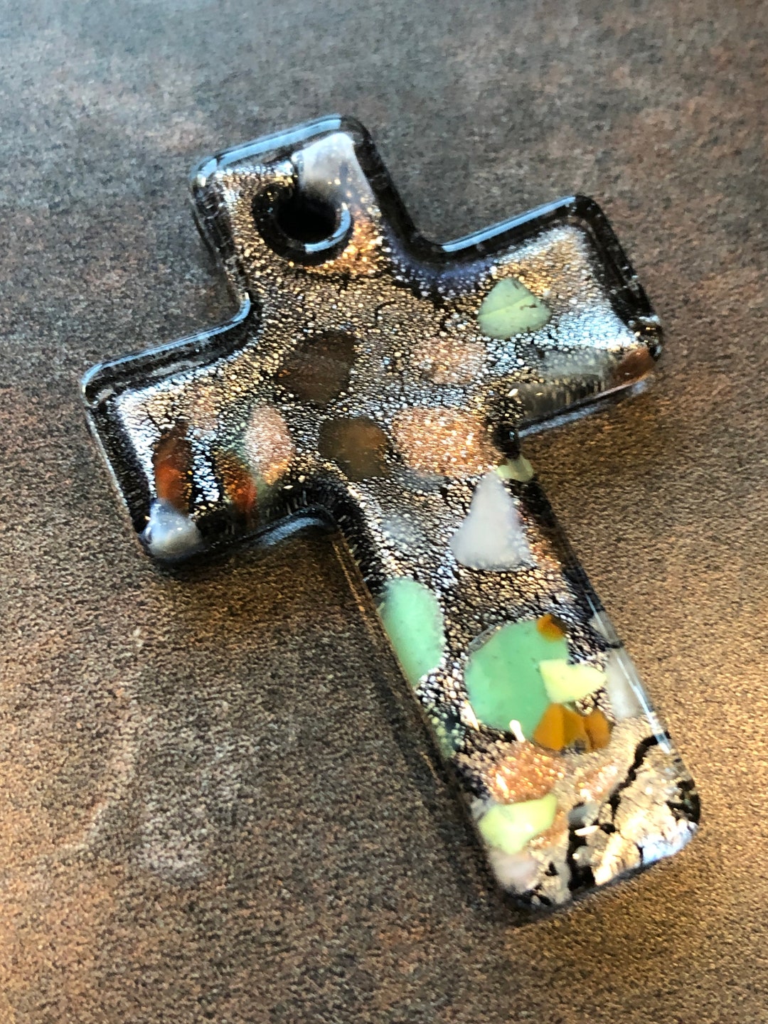 Pendant Artisan Hand Made Glass Cross in Silvery Colors With Green ...
