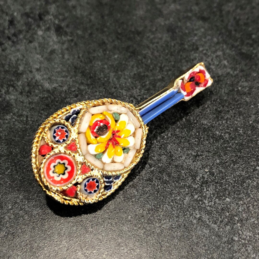 Brooch Pin Micro Mosaic Mandolin Guitar Glass and Gold Tone Floral ...