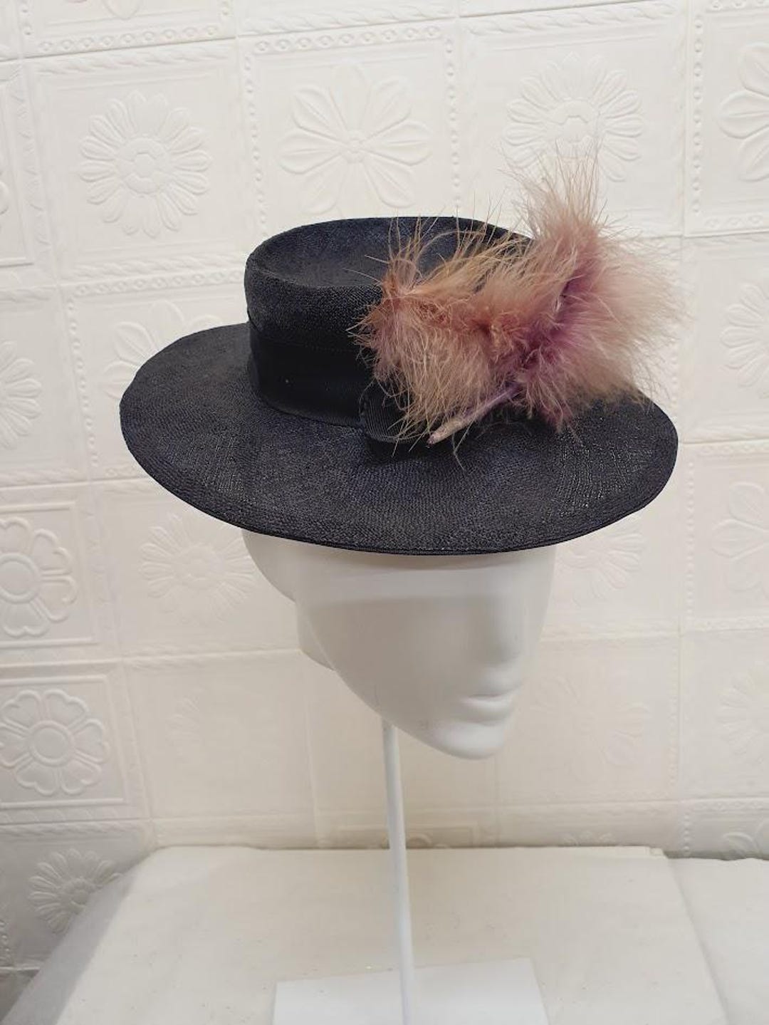 Eliza Doolittle Hat 1940s Boater Style Hat Navy Blue Straw With Fluffy ...