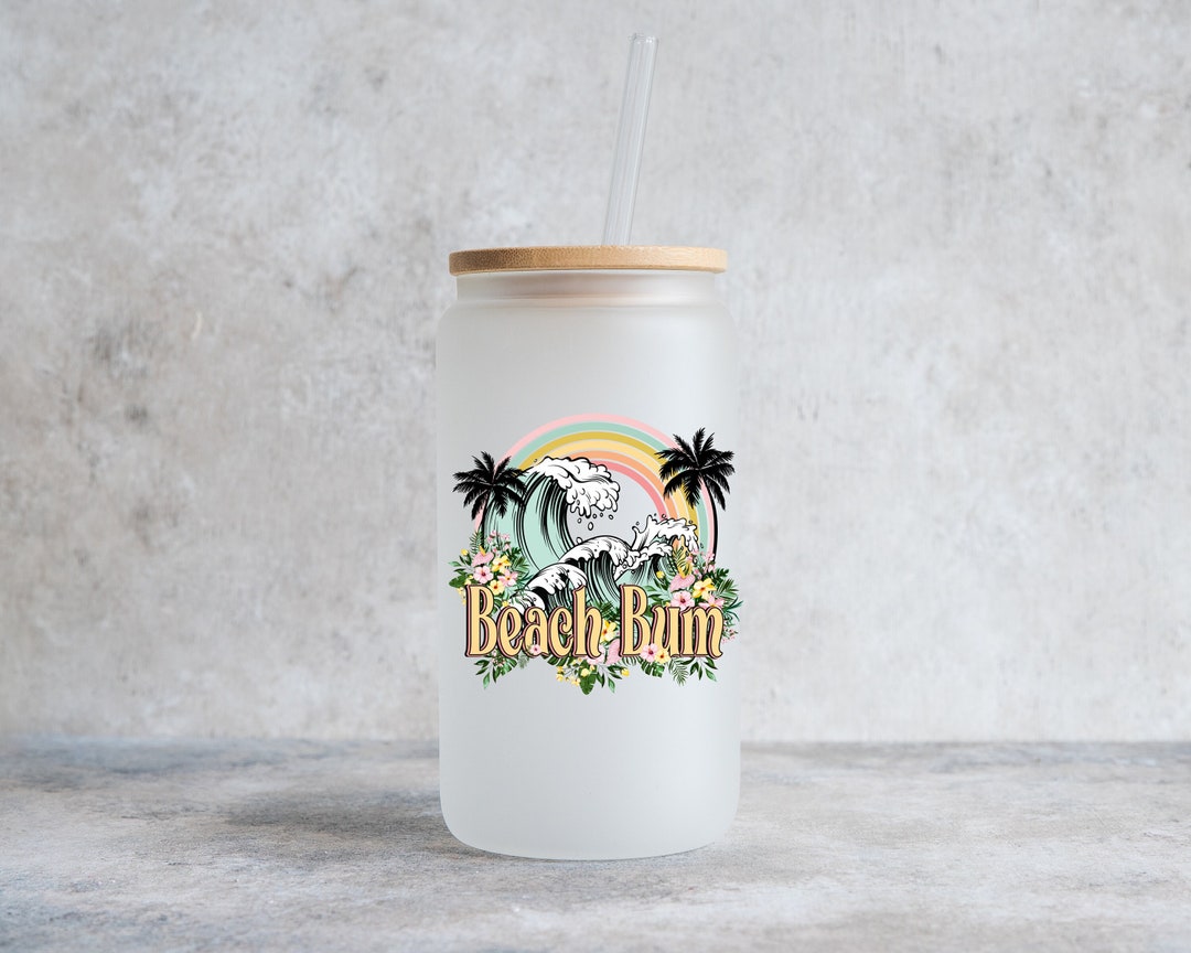 Beach Bum Iced Coffee Glass, Iced Coffee Cup, Glass Cup With Lid and ...