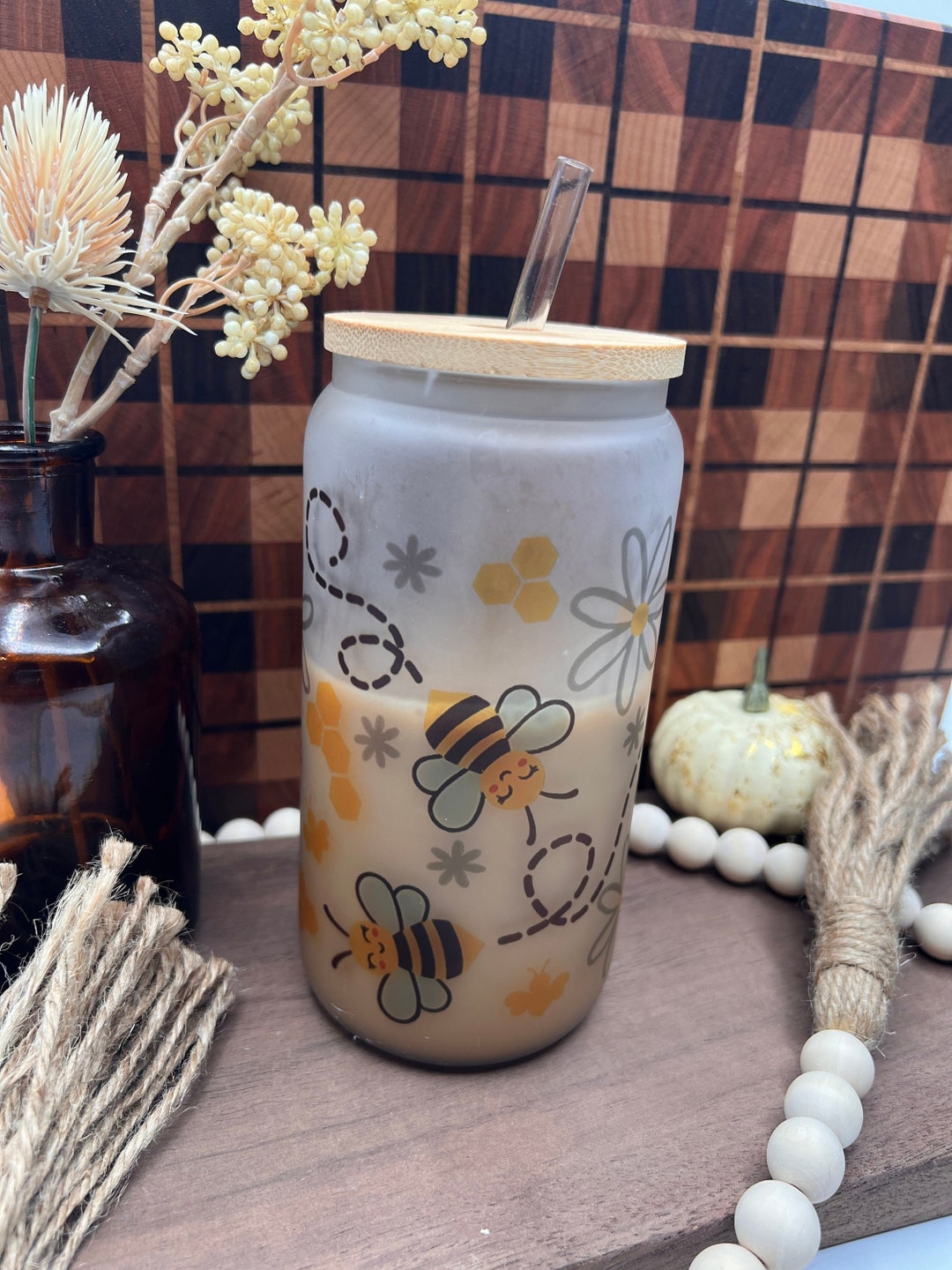 Bumblebee Coffee Cup, Iced Coffee Cup, Glass Cup With Lid and Straw ...
