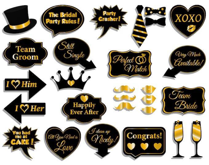 Wedding Printable Photo Booth Props Gold Black and White 10 Hand ...
