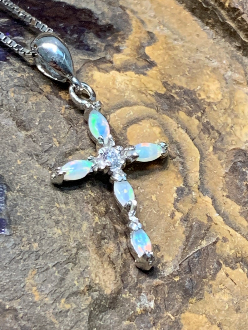 OPAL CROSS NECKLACE | Sterling Silver Dainty Natural Opal Necklace ...