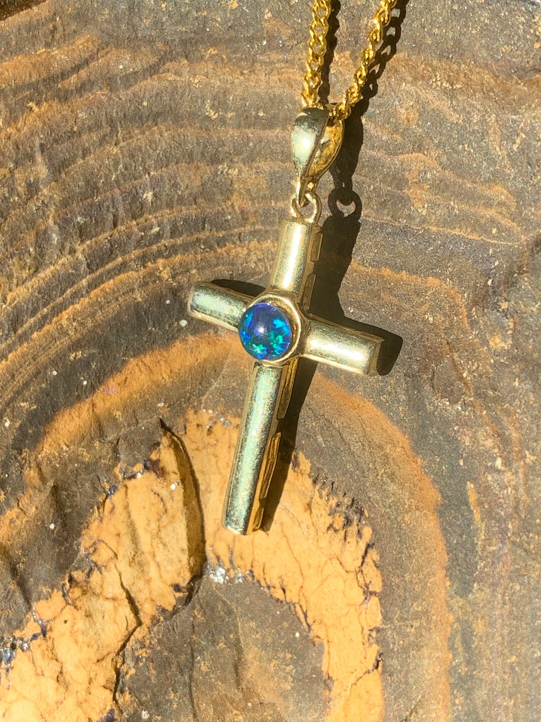 OPAL CROSS NECKLACE Gold Cross Circle Natural Opal Pendant Gold Over ...