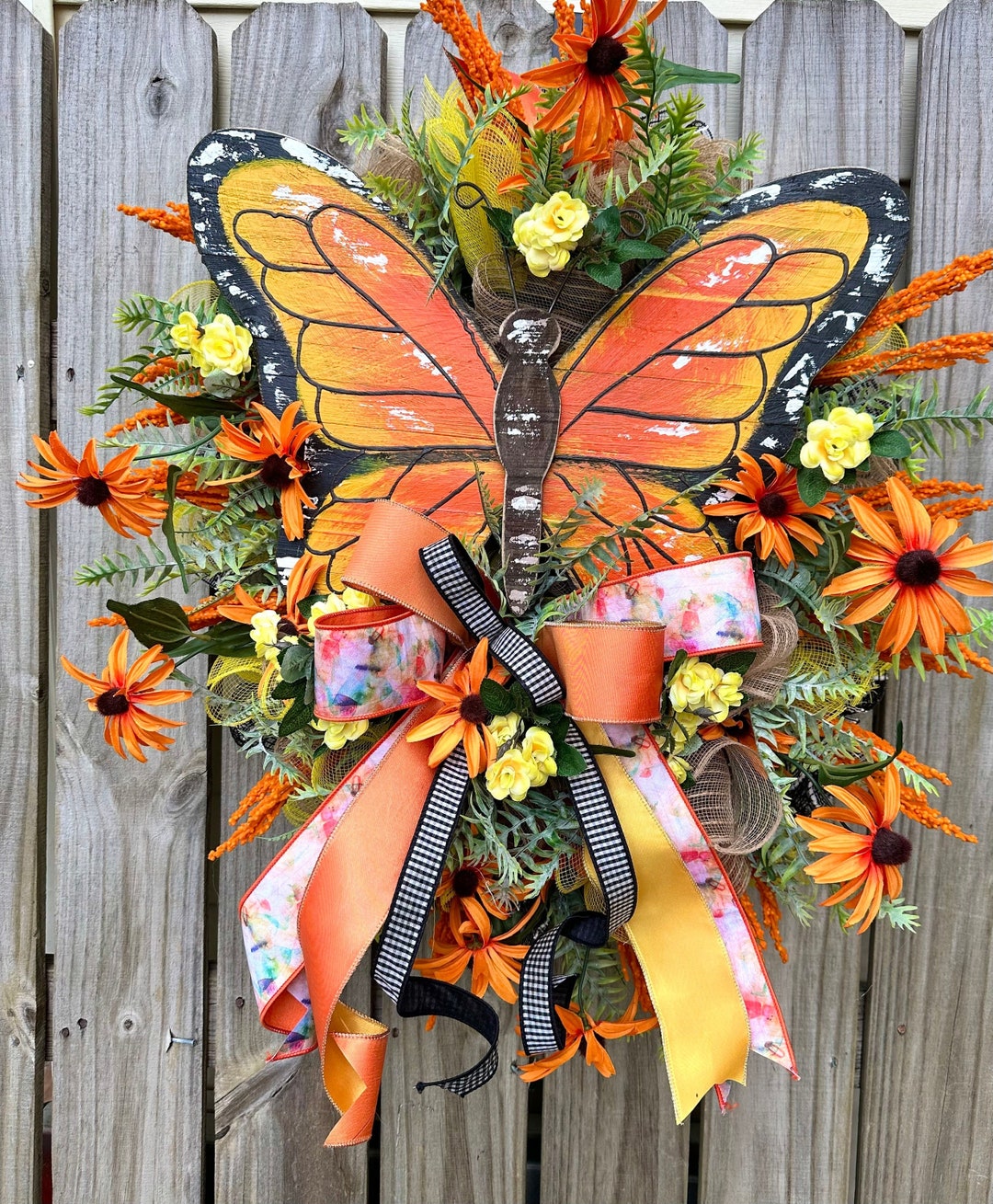 Summer Monarch Butterfly Wreath for Front Door, Spring Floral and Fern ...
