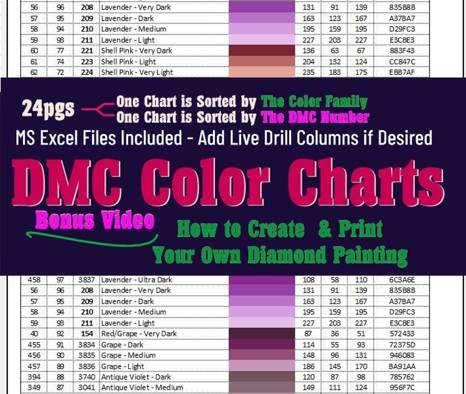 Printable DMC Color Charts Diamond Paint Drills Sorted by | Etsy