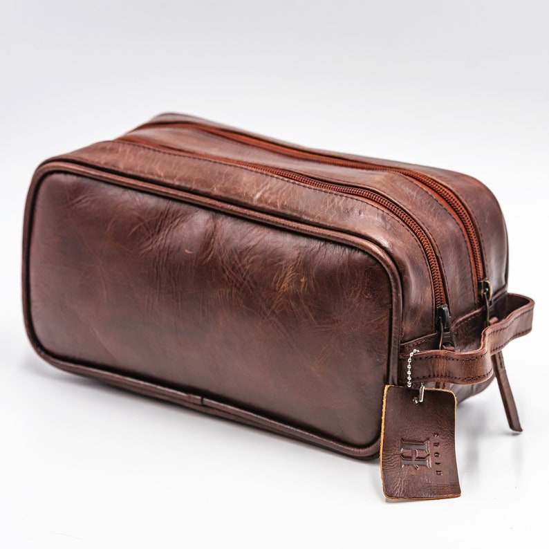 Personalized Leather Dopp Kit Bag, Monogram Dual Compartment Leather ...