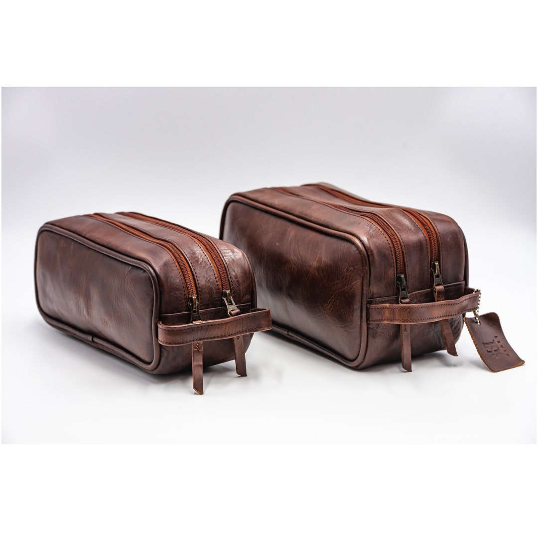 Personalized Leather Dopp Kit Bag, Monogram Dual Compartment Leather ...