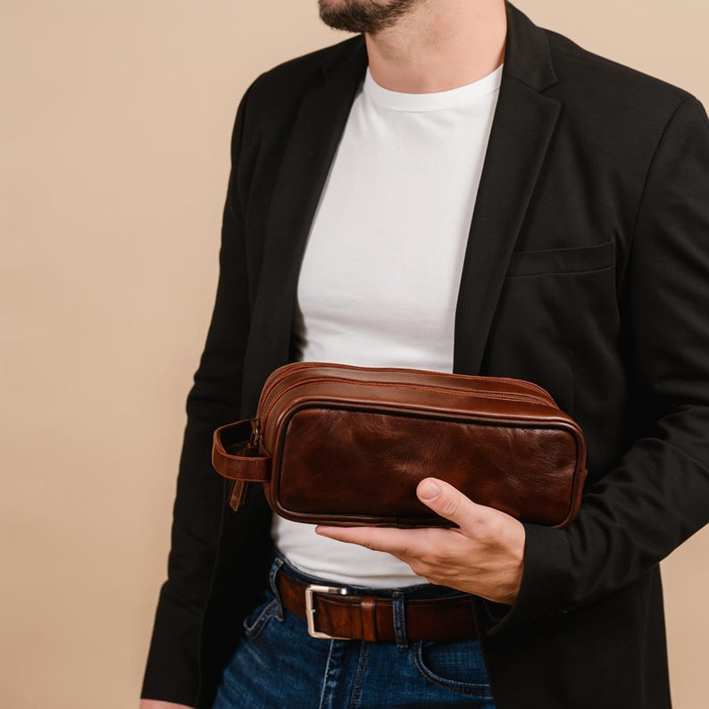 Leather Dopp Bag for Men Personalized – Dual Compartment Toiletry Bag ...