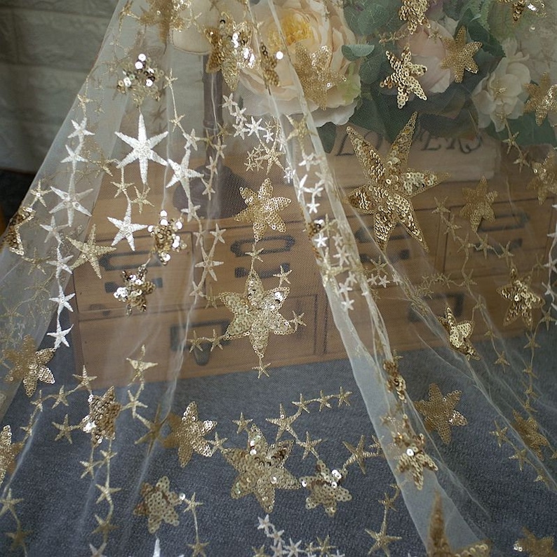 3 Color Lace Fabric Dark Blue Tulle Sequin Star Exquisite Embroidery ...