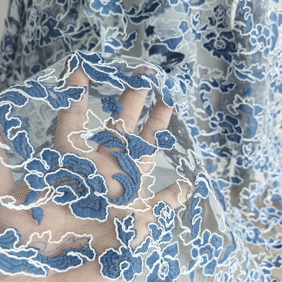 3 Colors Dark Blue Apricot Black Floral Embroidery Soft Tulle Lace ...