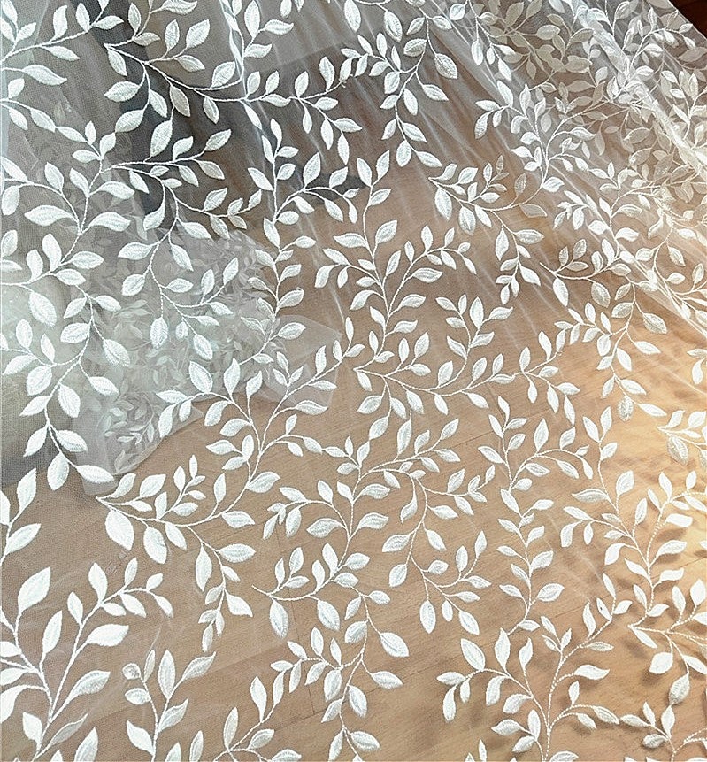 Illusion Leaf Embroidered Lace Fabric Ivory Leaf Branch Tulle - Etsy