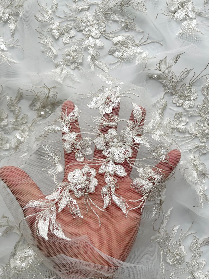 Off White Sequin Flower Embroidery Lace Fabric Soft Tulle Floral for ...