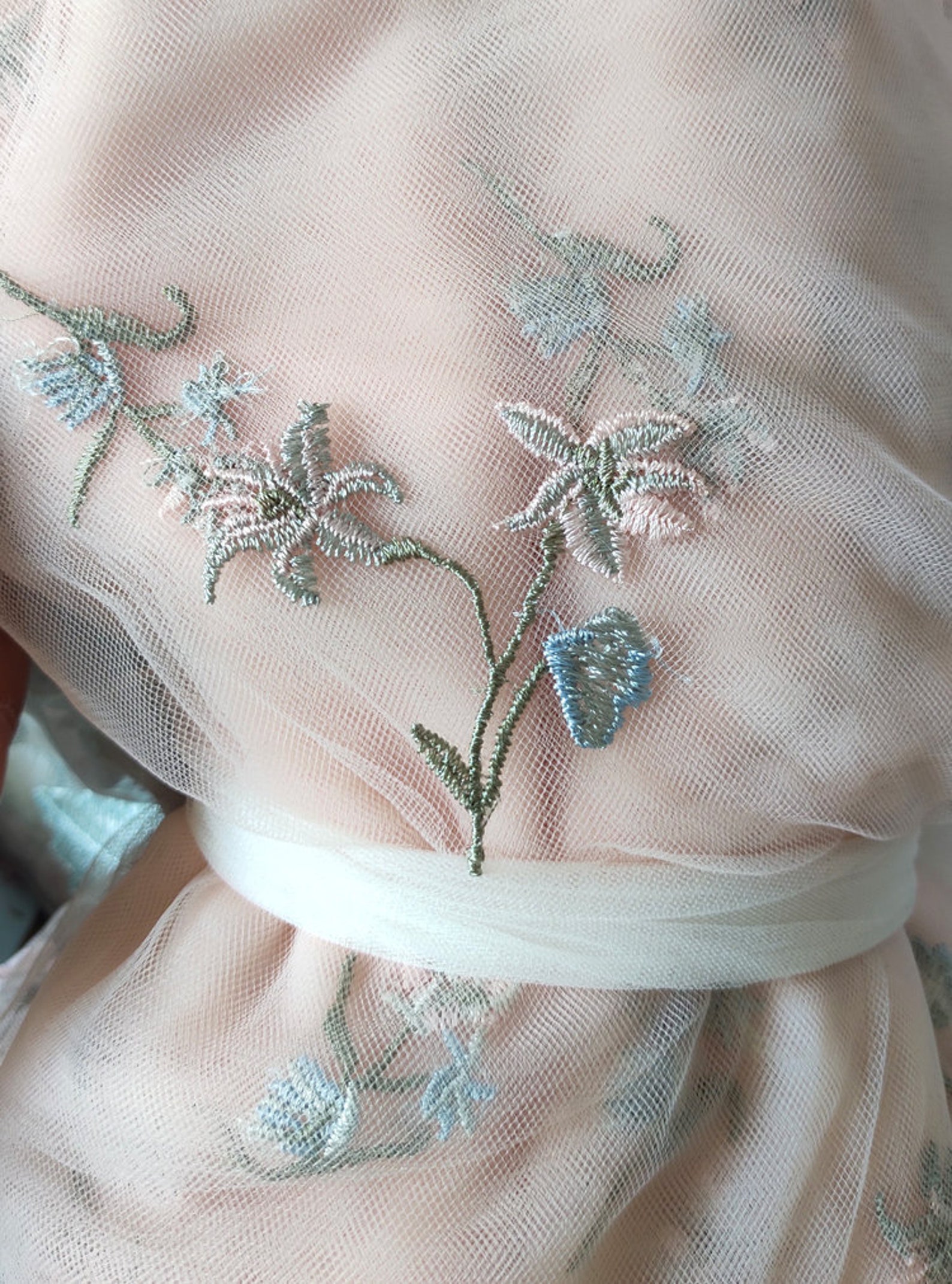 2 Colors Lace Fabric Pale Blue Ivory Tulle Small Flower Floral - Etsy