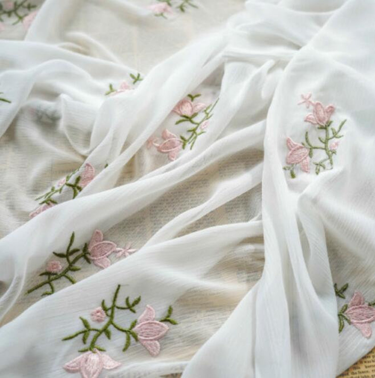 Chiffon Fabric White Chiffon Pink Flower Floral Embroidery - Etsy