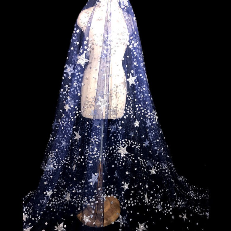 3 Colors Lace Fabric Dark Blue Tulle Silver Sequin Star Wedding Lace ...