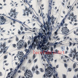 Dark Blue Rose Flower Embroidered Lace Fabric Flower Floral for Ball ...