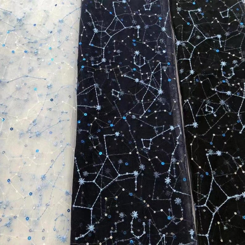 3 Colors Unique Constellation Embroidery Lace Fabric, Sequins Navy Mesh ...