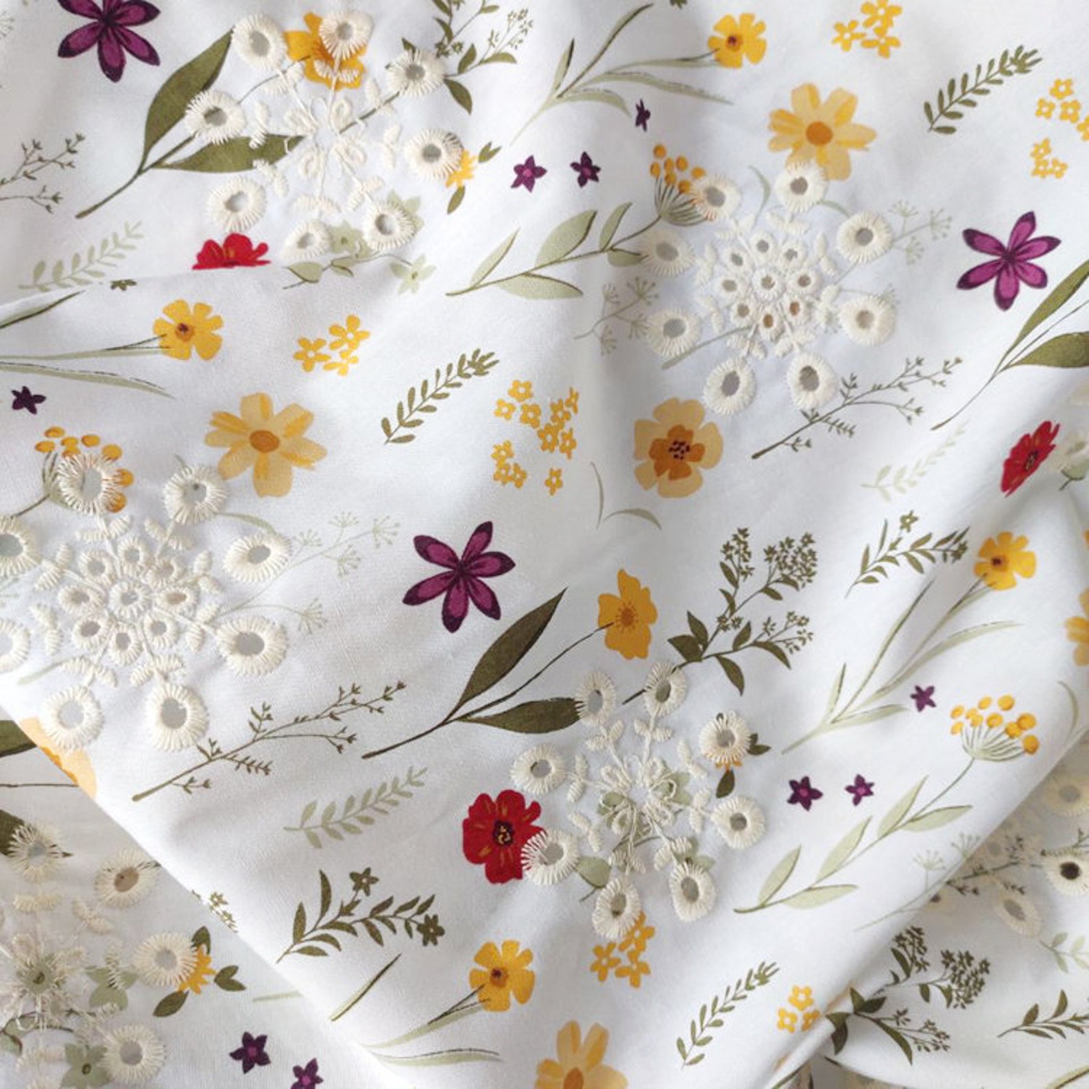 1 yard white cotton fabric print flower lace soft embroidery | Etsy