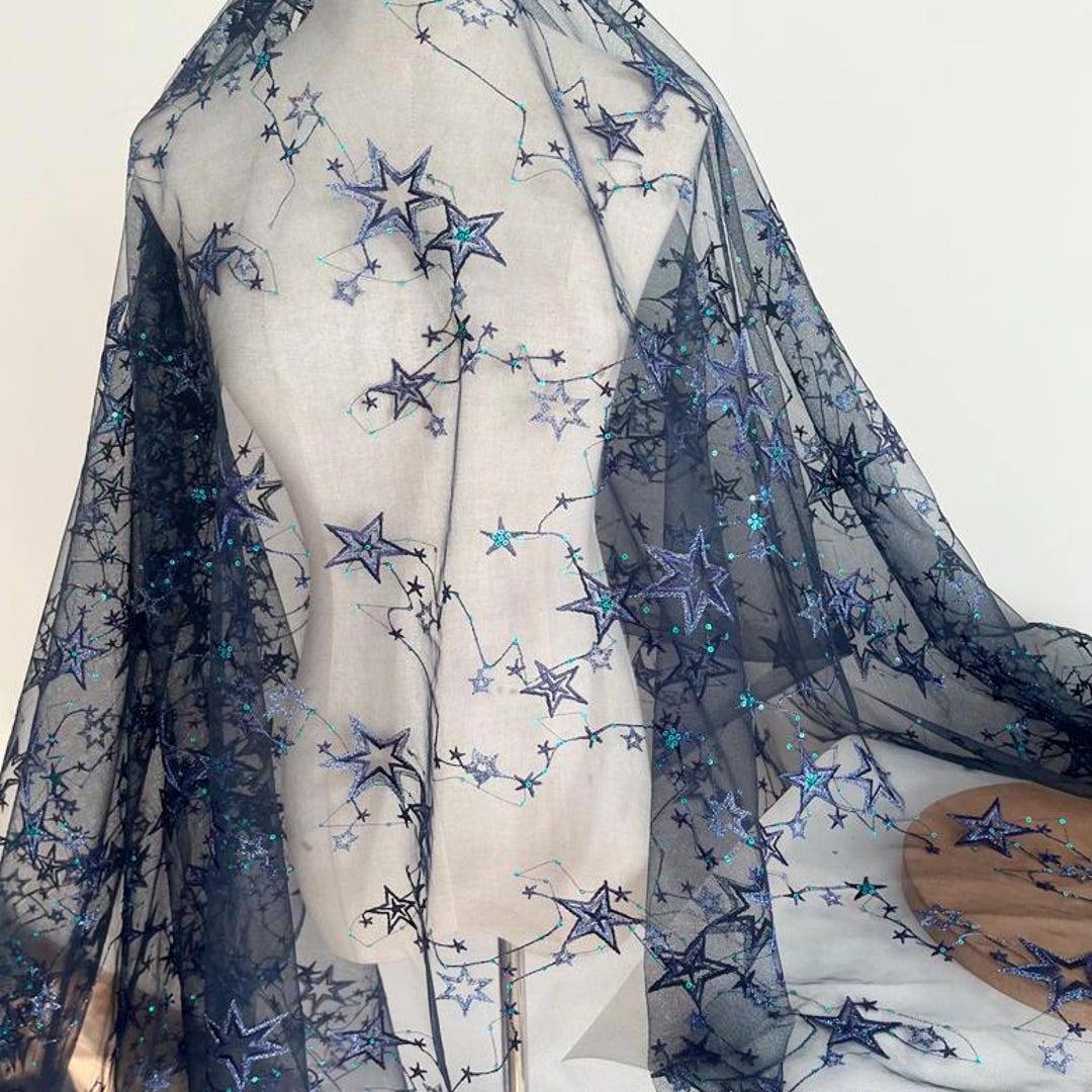 Navy Blue Tulle Sequin Star Embroidery Lace Fabric Wedding Lace Bridal ...