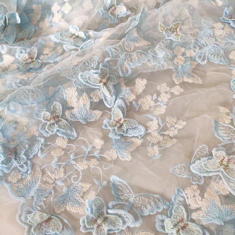 3D blue yellow butterfly white tulle exquisite embroidery soft | Etsy