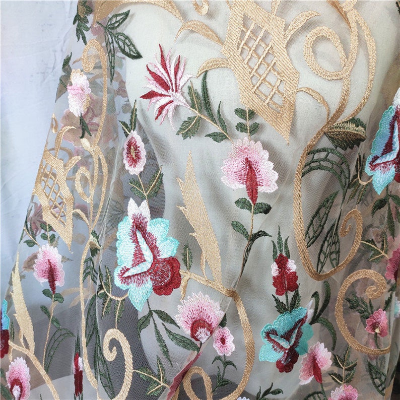 Heavy Mesh High Quality Beige Tulle Flower Embroidered Lace Fabric ...