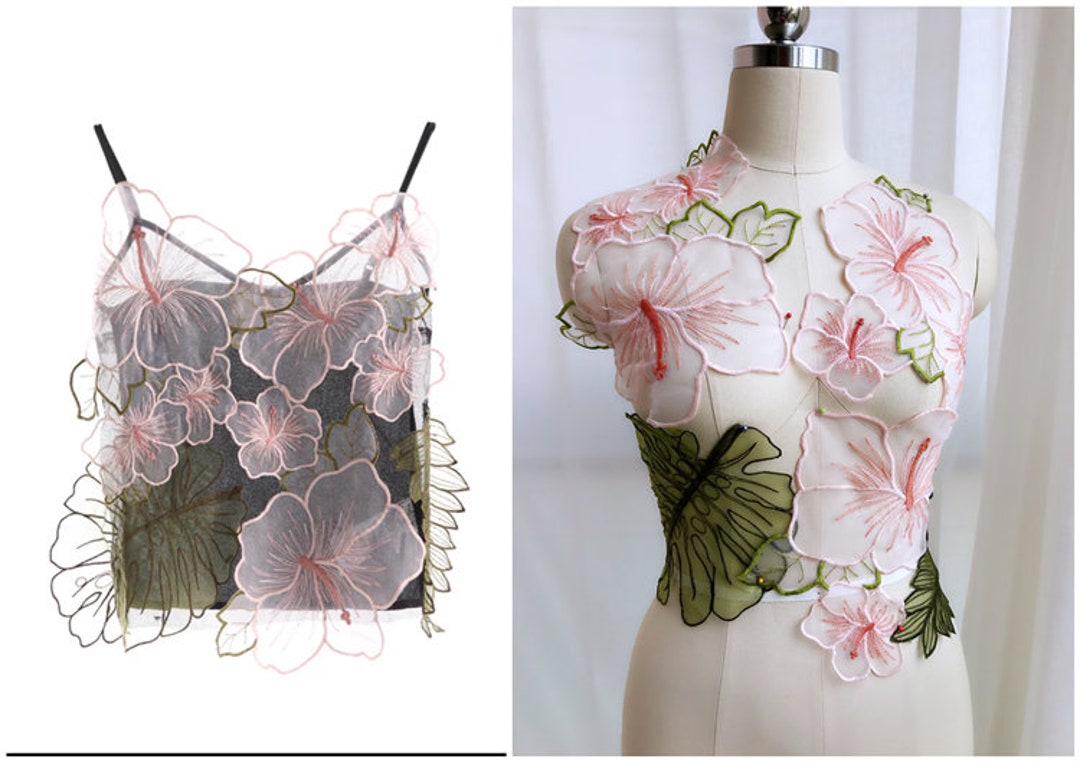 1 Set Pink Flower Green Leaf Lace Applique Embroidery Bodice Applique ...