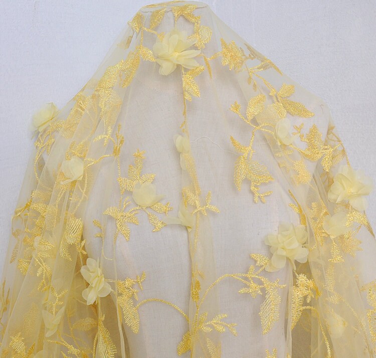 3d Gold Yellow Floral Embroidered Lace Fabric, Chiffon Tulle, 3D Flower ...