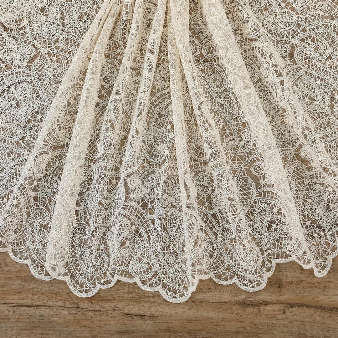 Lace Fabric Beige Cotton Thread Flower Floral Embroidery Soft Lace for ...