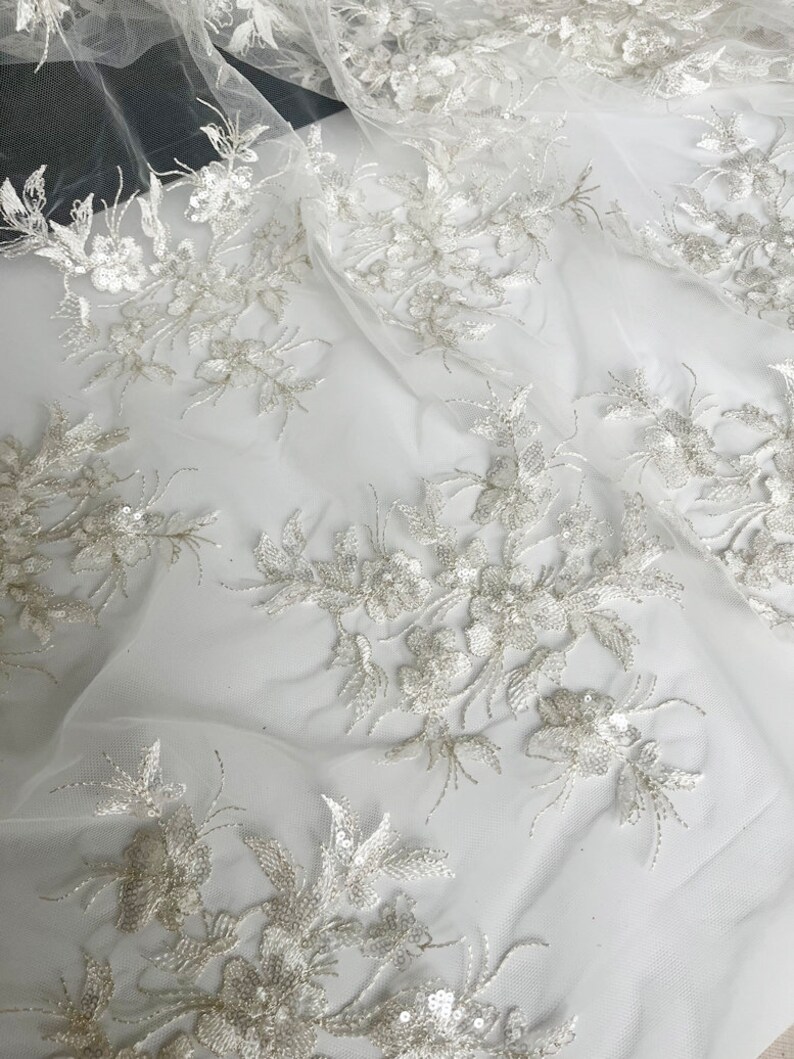 Off White Sequin Flower Embroidery Lace Fabric Soft Tulle Floral for ...