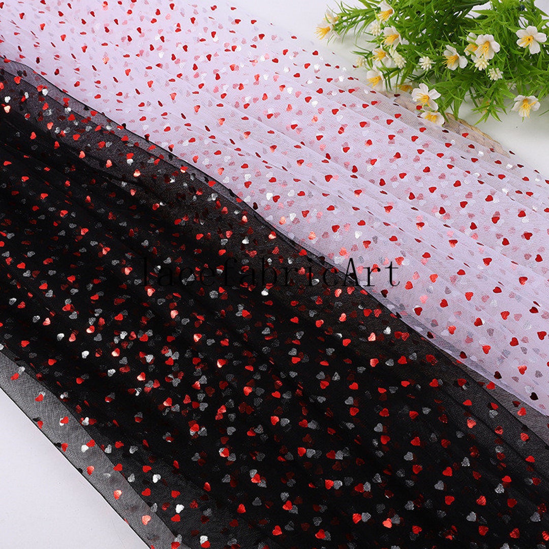 Red Glitter Cute Heart Lace Fabric Soft Tulle Lace Fabric Wedding Lace ...