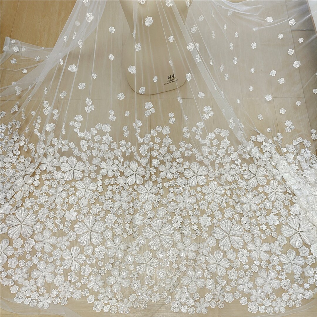 Ivory Sequin Beaded Pearl Flower Embroidery Lace Fabric Soft Tulle ...