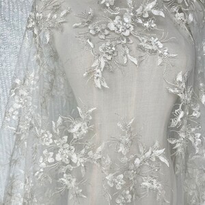 Off White Sequin Flower Embroidery Lace Fabric Soft Tulle Floral for ...