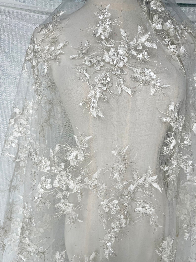 Off White Sequin Flower Embroidery Lace Fabric Soft Tulle Floral for ...