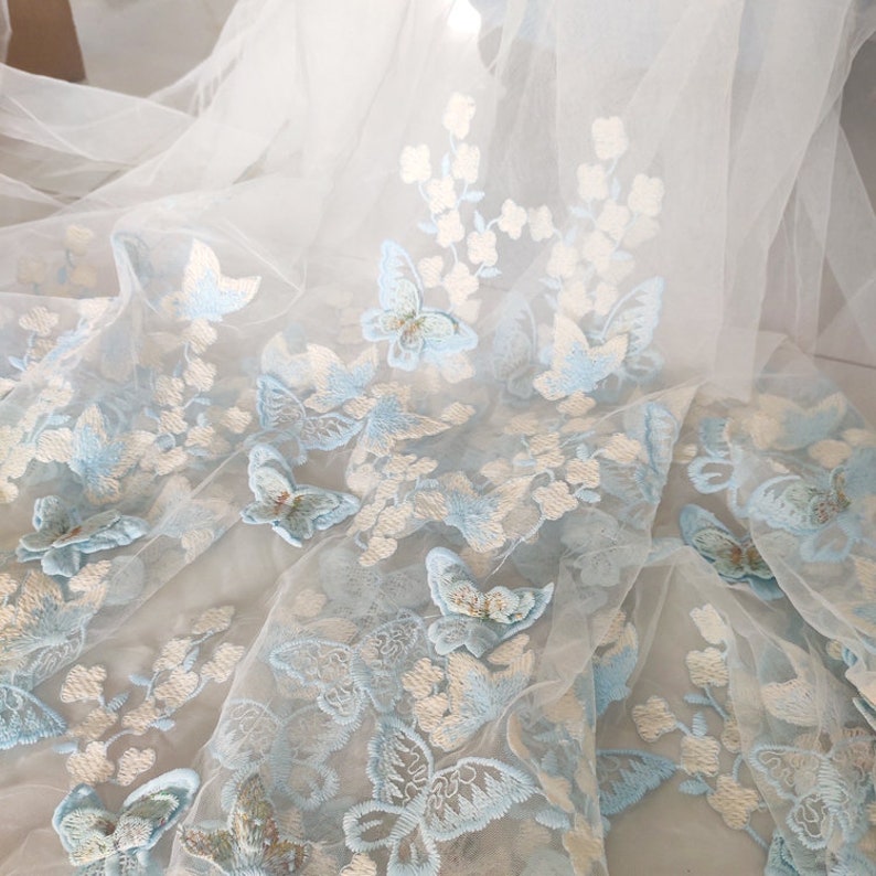 3D Blue Yellow Butterfly White Tulle Exquisite Embroidery Soft | Etsy
