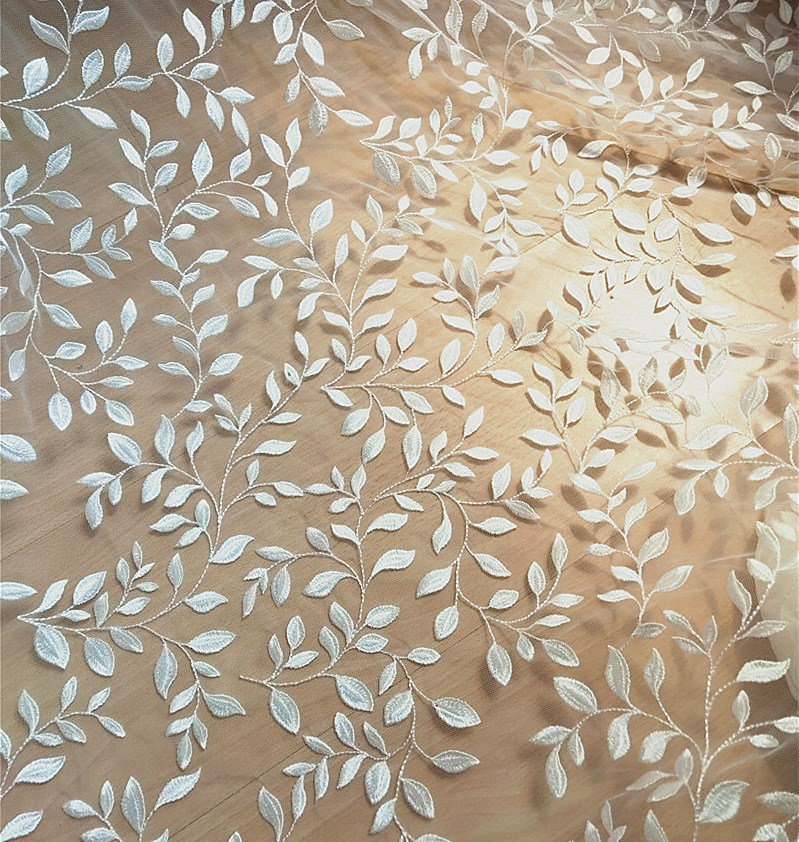 Illusion Leaf Embroidered Lace Fabric Ivory Leaf Branch Tulle - Etsy