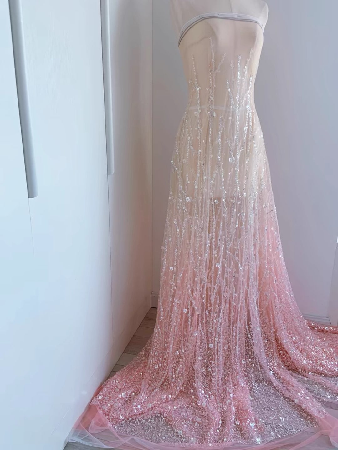 Fulled Beaded Sequin Gradient Pink Lace Fabric Exquisite Soft Tulle ...